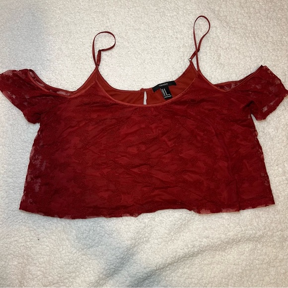 Tops | Red Cropped Lace Off Shoulder Top | Poshmark